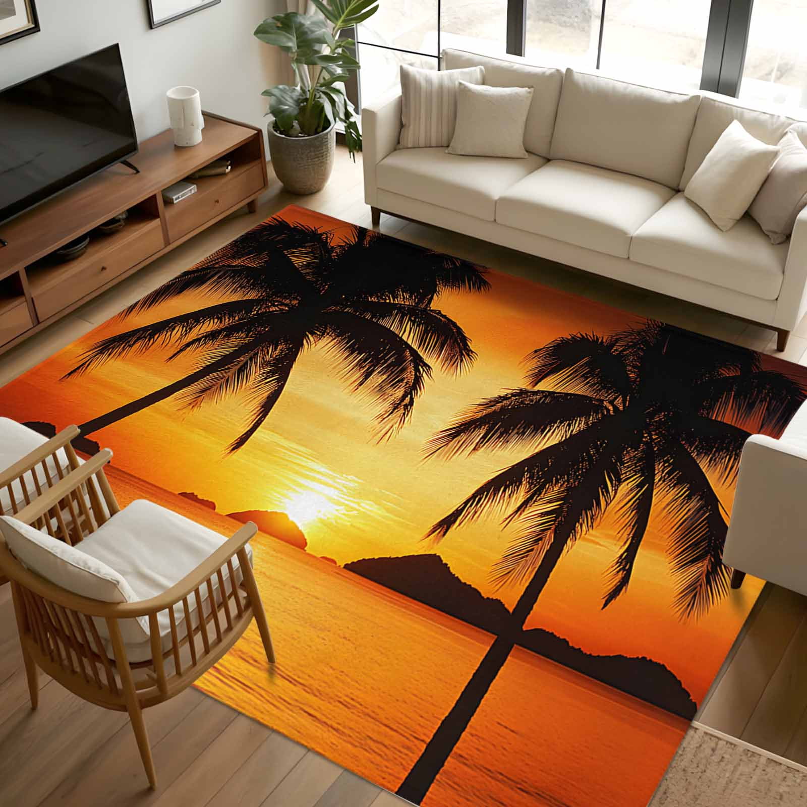 Area Rug 72×108in, Summer Sunset Beach Coconut Tree Shadow Floor Carpet ...