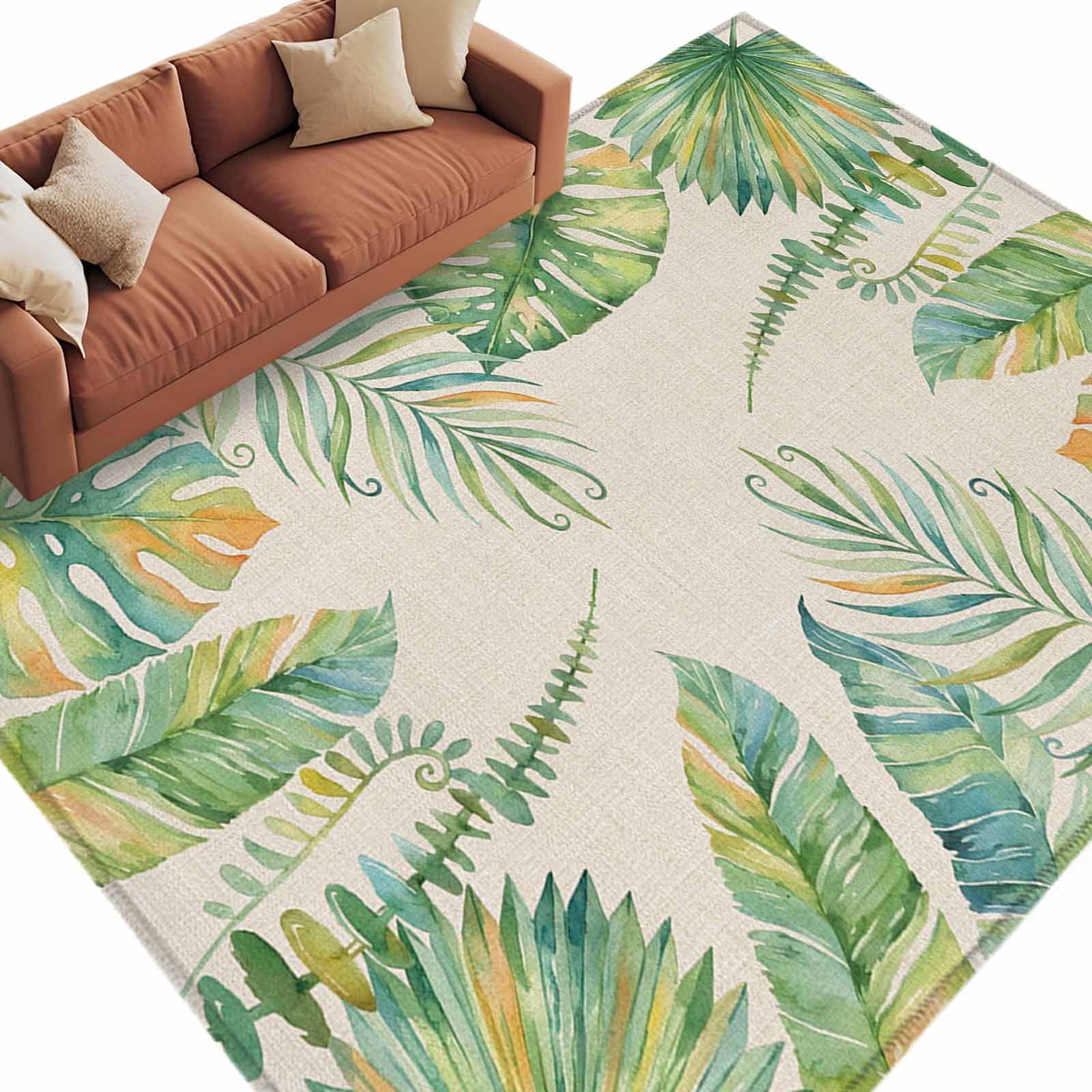 Area Rug 72×108in, Tropical Monstera Leaves on Linen Floor Carpet ...