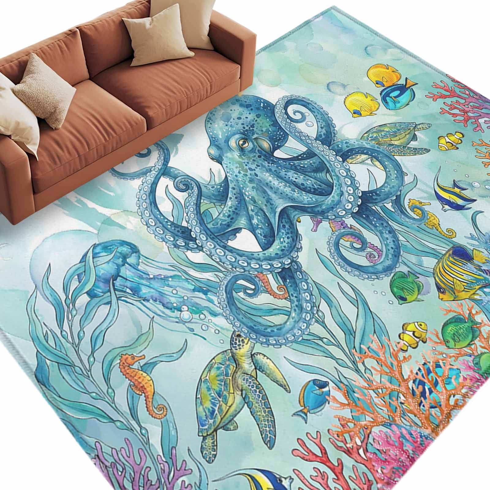 Area Rug 72×108in, Underwater Life Octopus Coral Floor Carpet Living ...