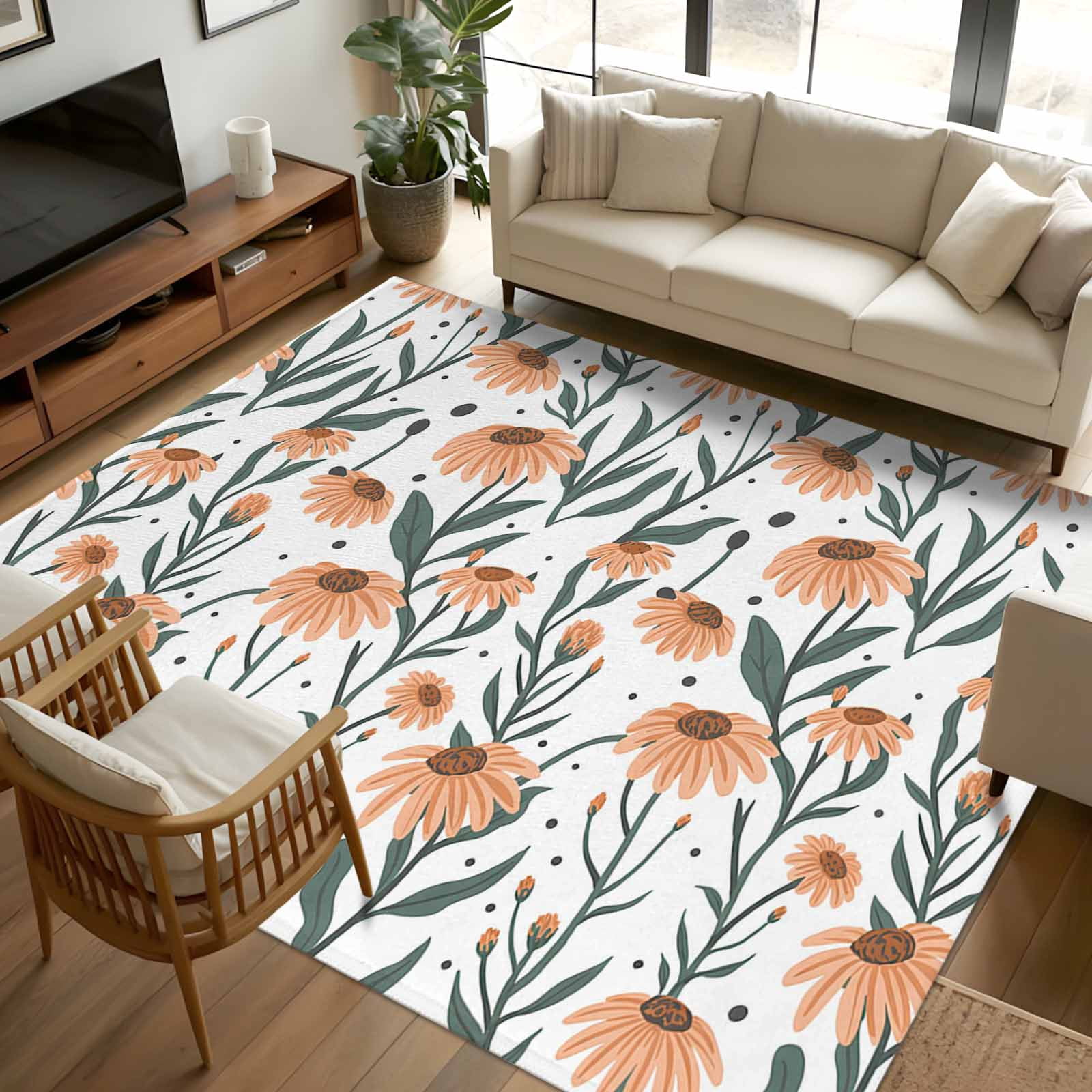 Area Rug 72×108in, Vintage Farm Daisy Floral Floor Carpet Living Room ...