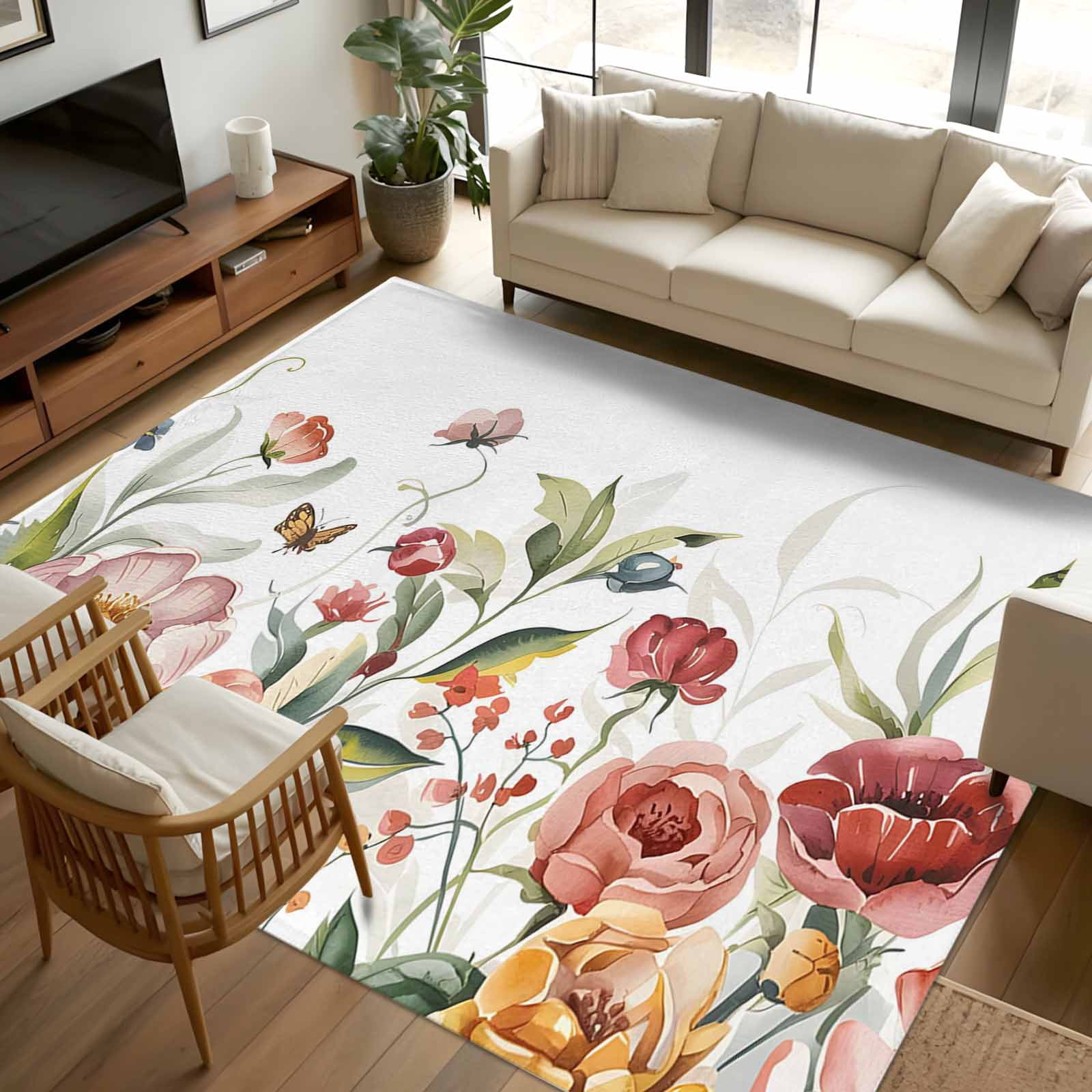 Area Rug 72×108in, Watercolor Country Wildflower Floor Carpet Living ...