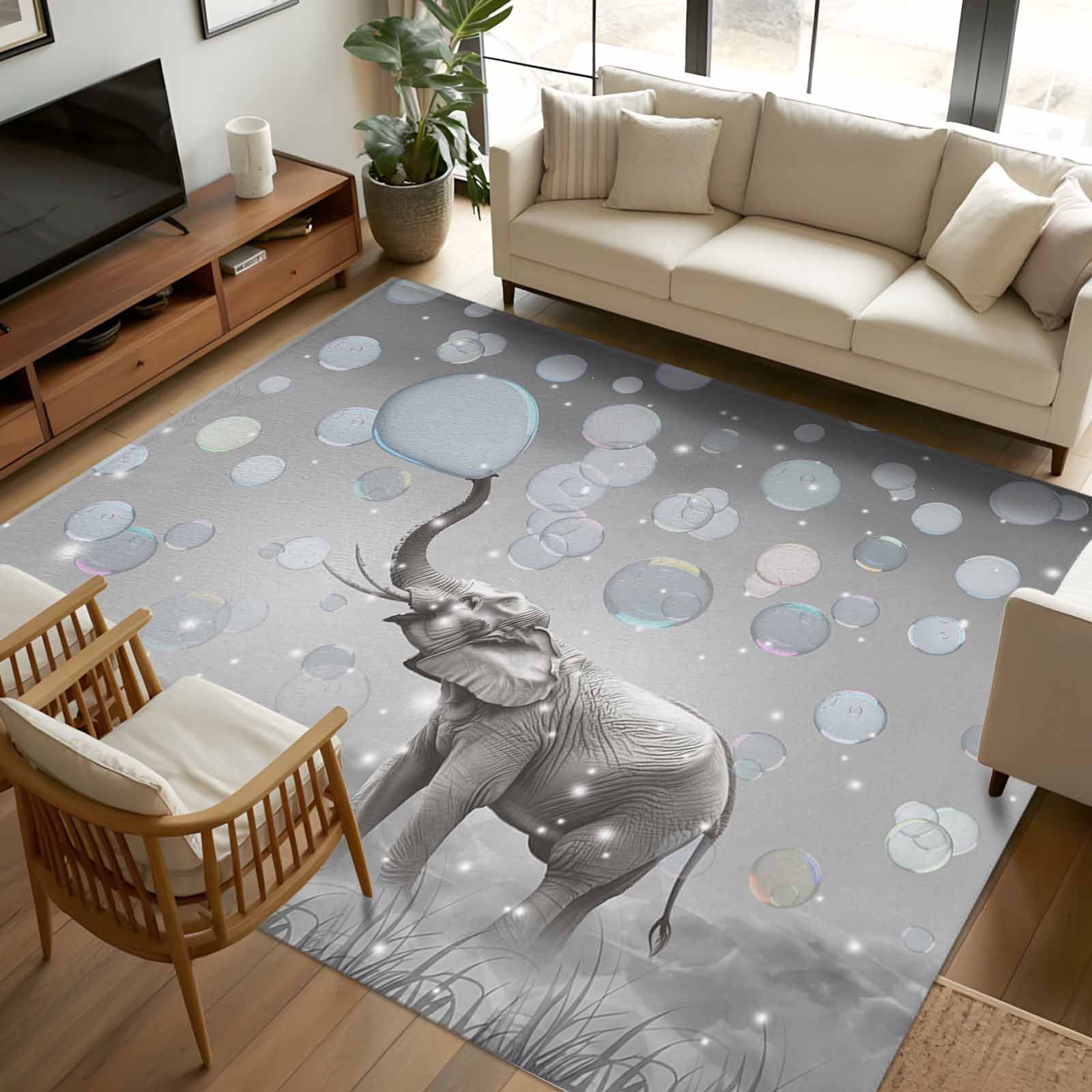 Area Rug 72×108in, Watercolor Elephants Bubbles Floor Carpet Living ...