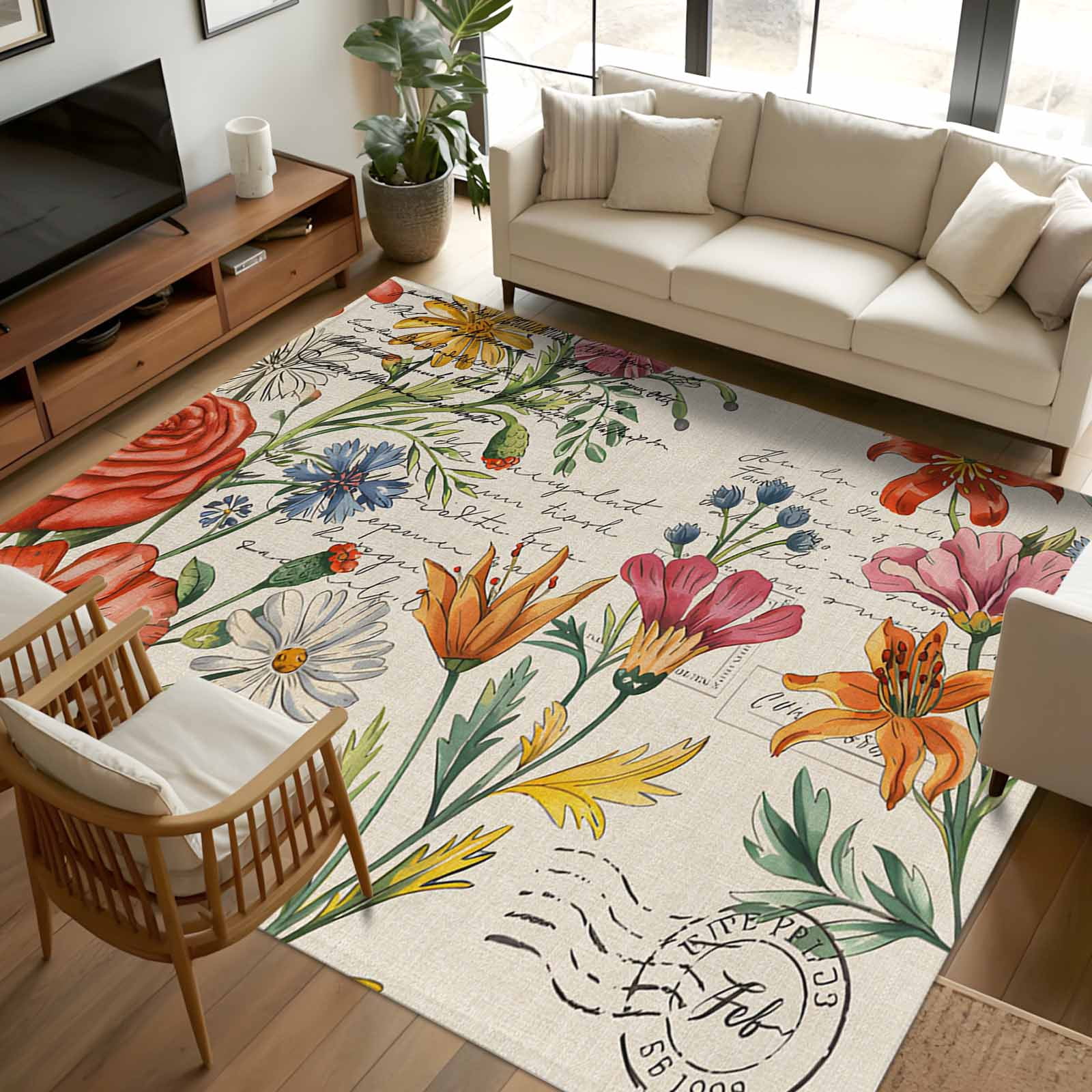 Area Rug 72×108in, Watercolor Flower Leaves on Vintage Letter Floor ...