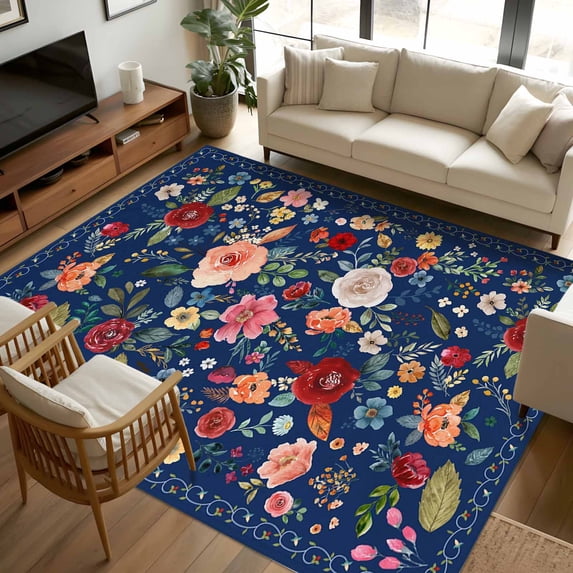 Area Rug 72×108in, Watercolor Flowers on Blue Background Floor Carpet ...