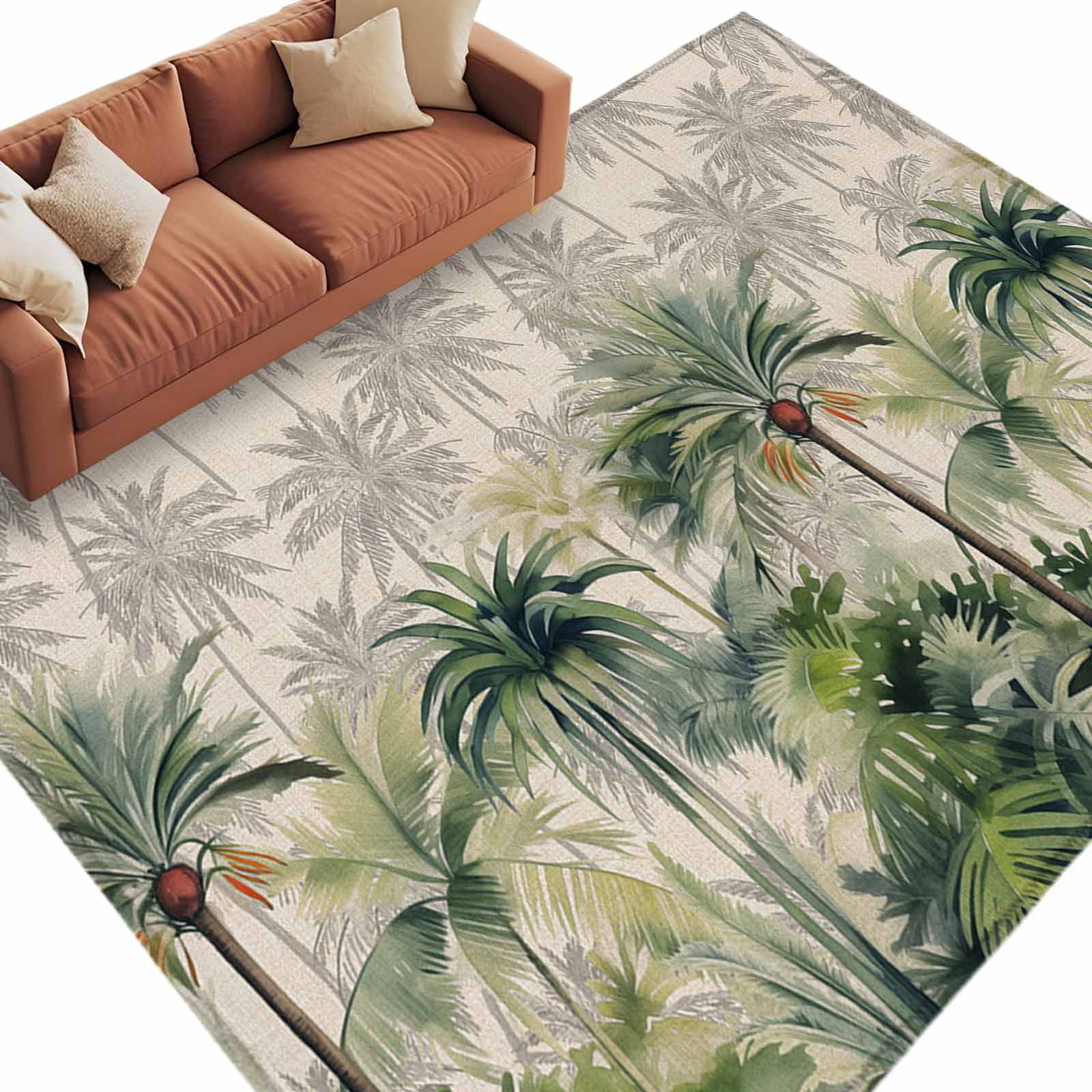 Area Rug 72×108in, Watercolor Green Palm Trees Forest Floor Carpet ...