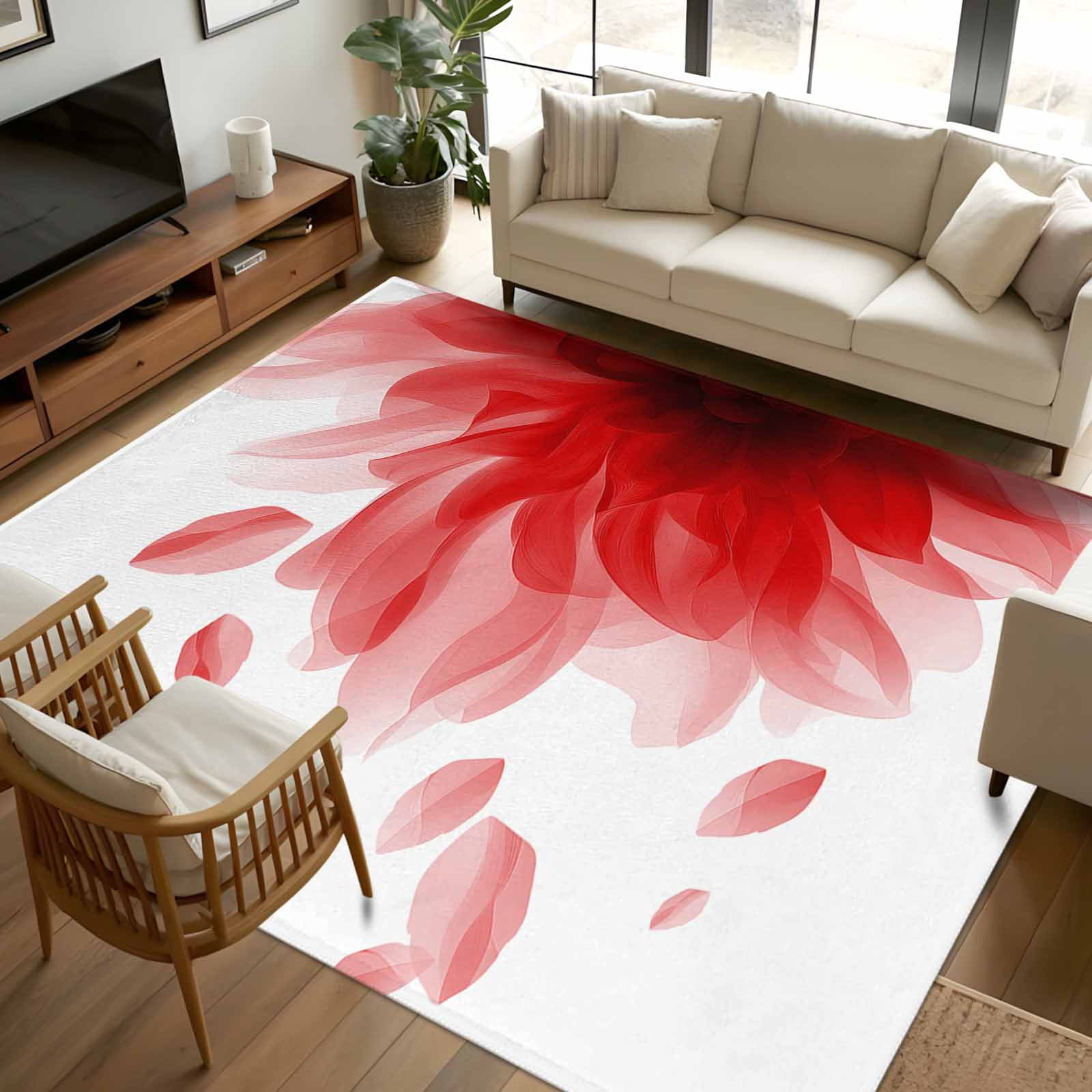 Area Rug 72×108in, Watercolor Red Flower Ombre Art Floor Carpet Living ...