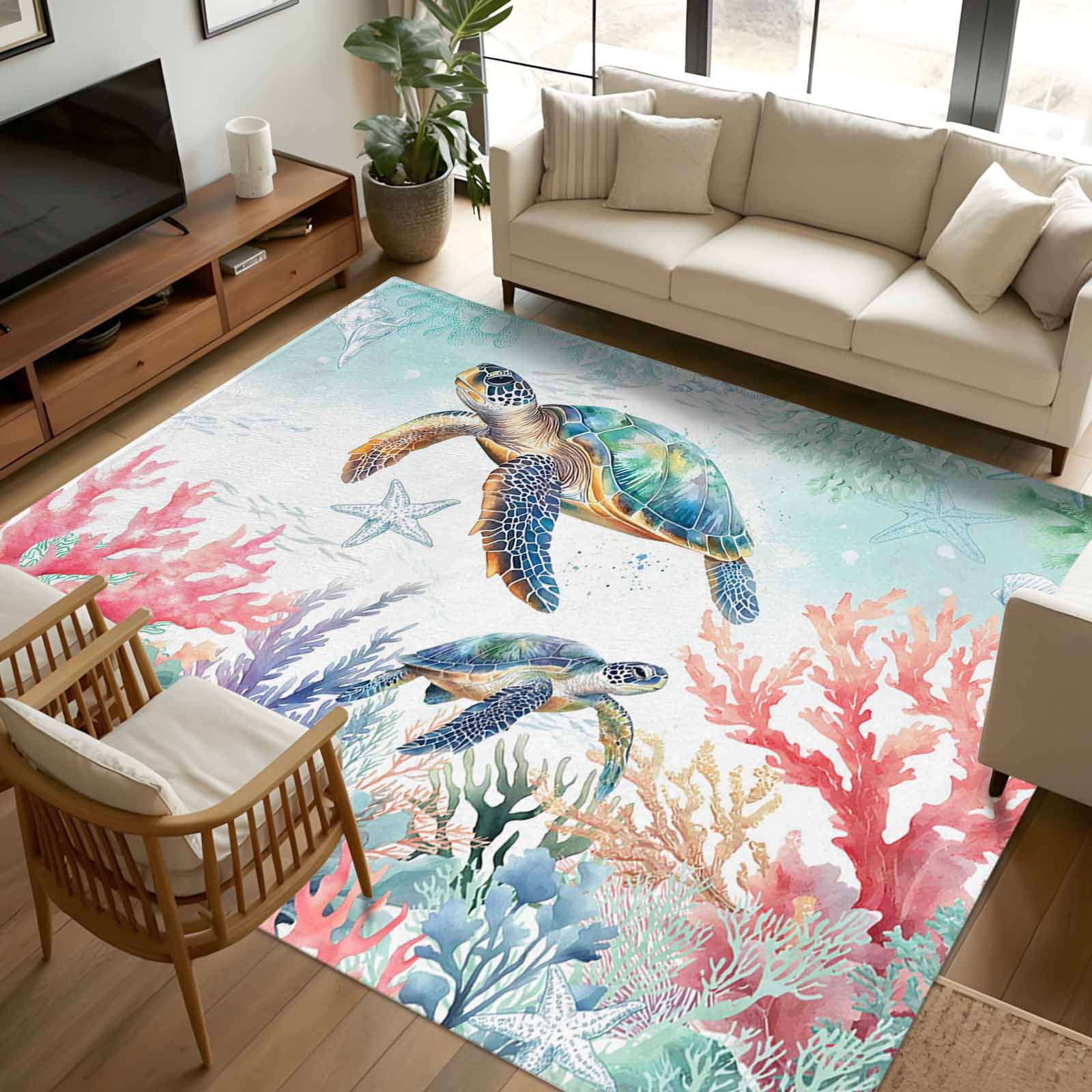 Area Rug 72×108in, Watercolor Sea Turtle Coral Fish Floor Carpet Living ...