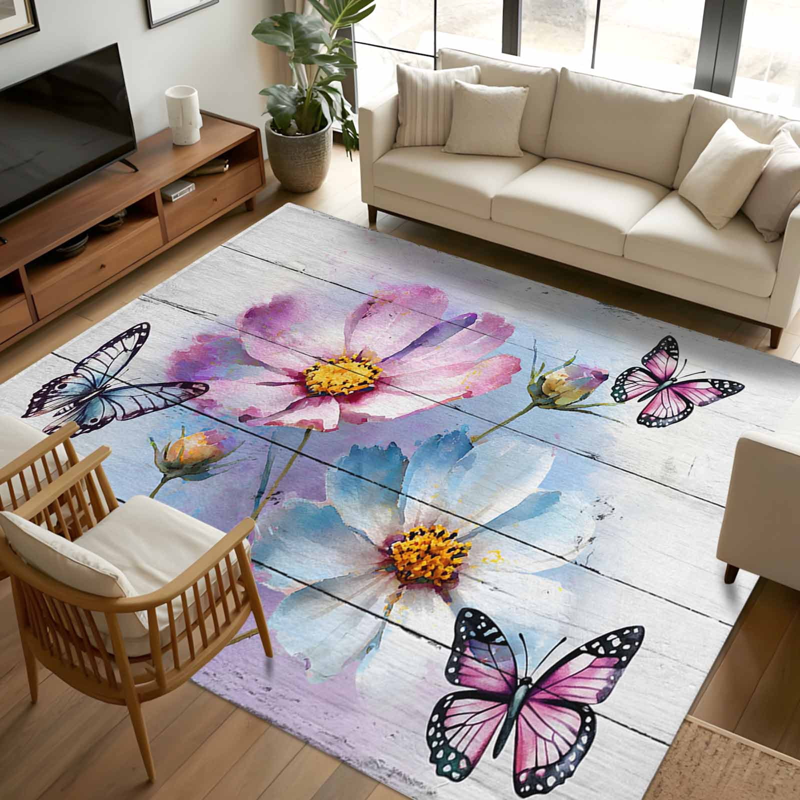 Area Rug 72×108in, Watercolors Pink Blue Flower Butterflies Floor ...