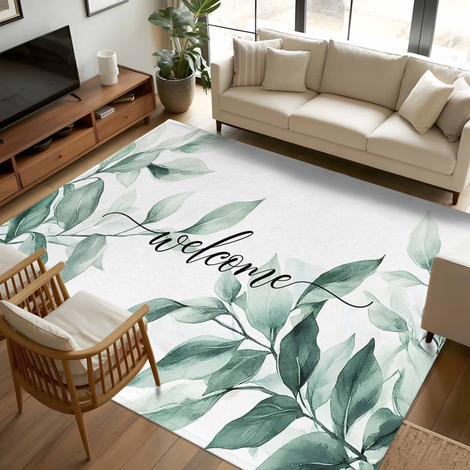 Area Rug 72×108in, Welcome Words Green Leaves Floor Carpet Living Room ...