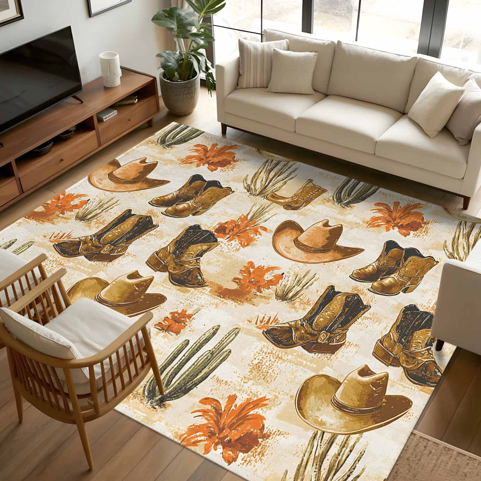 Area Rug 72×108in, Western Retro Cowboy Boot Hat Floor Carpet Living ...