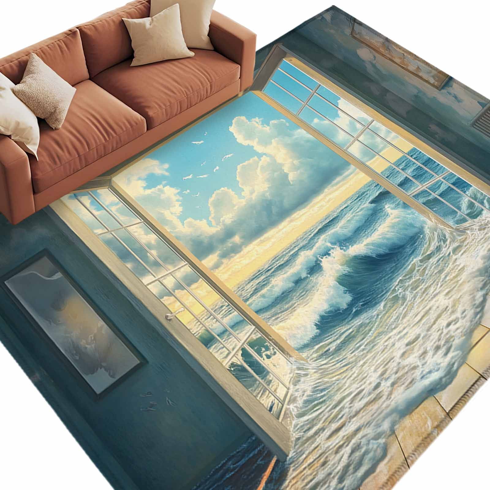 Area Rug 72×108in, Window Scenery Blue Sky Seaside Ocean Wave Floor ...
