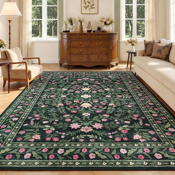 Area Rug 8x10 for Living Room, Washable Floral Low Pile Rug, Soft Non ...