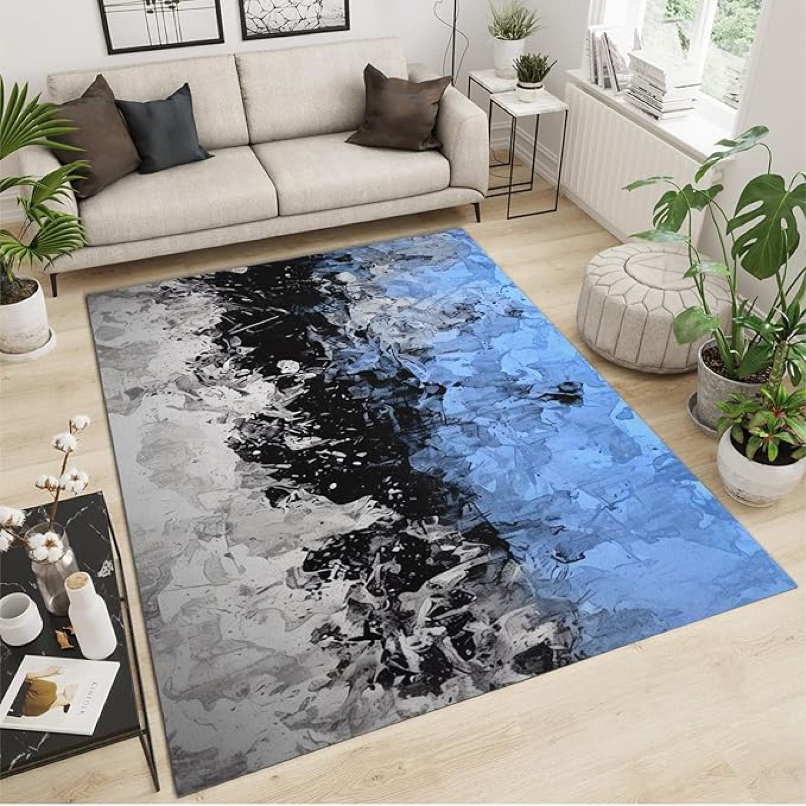 Area Rug Abstract Ink Texture Art Rugs Gray Blue Black Watercolor ...