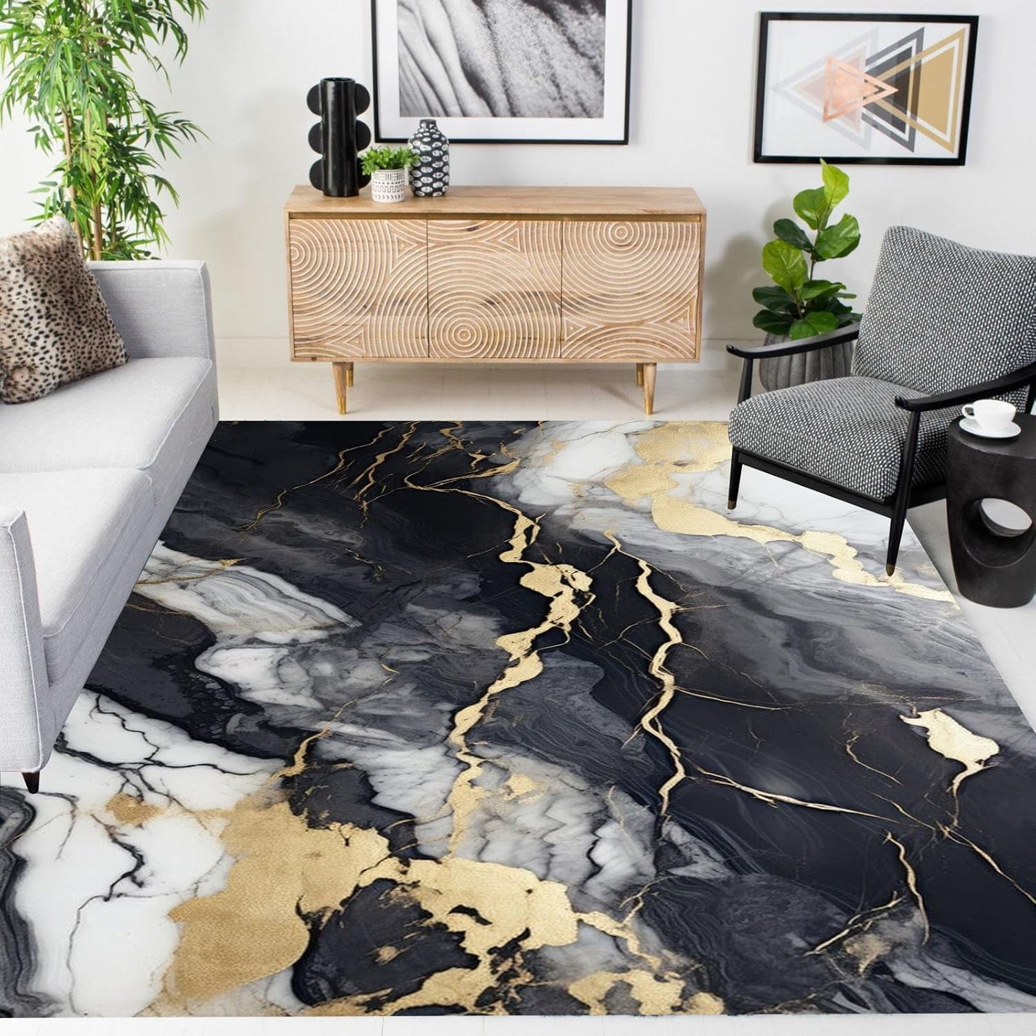 Area Rug Black Gold Marble Texture Abstract for Living Room Bedroom ...