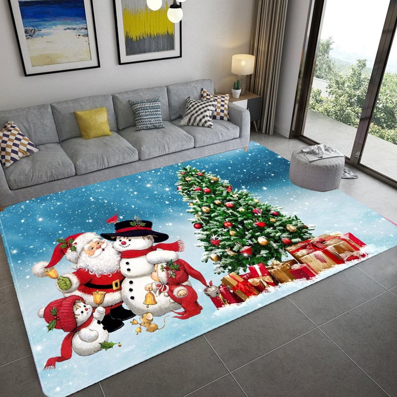 Area Rug Christmas Carpet Decor Cartoon Santa Claus Snowman Living Room ...