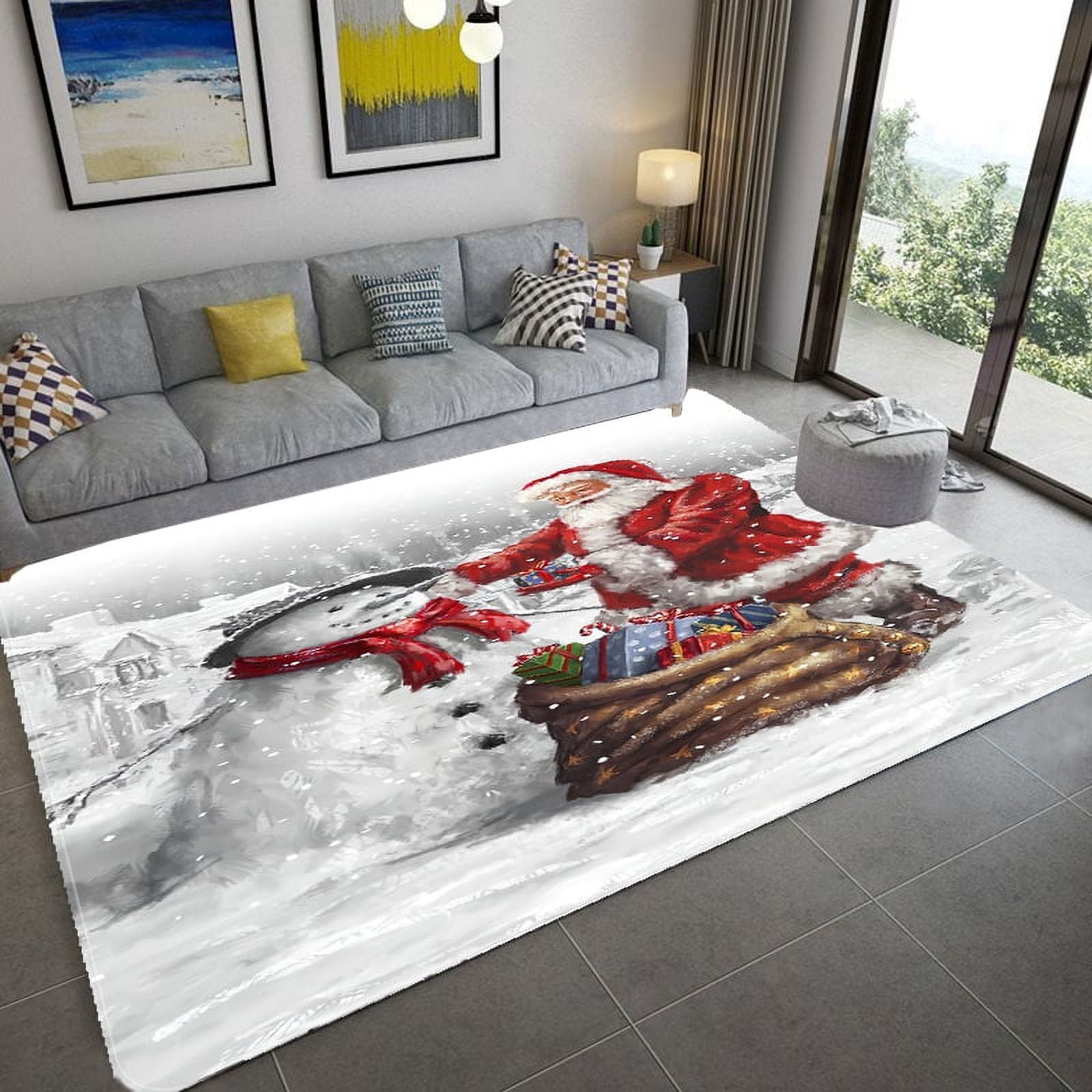 Area Rug Christmas Carpet Decor Cartoon Santa Claus Snowman Living Room ...