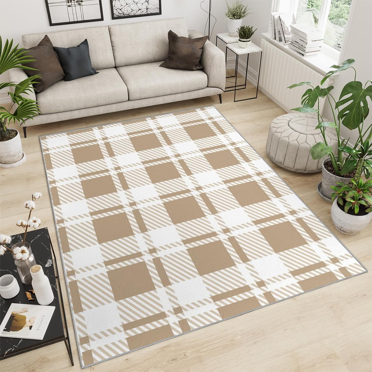 Area Rug Classic Simple Washable Rug, Beige Plaid Rugs for Bedroom, Non ...