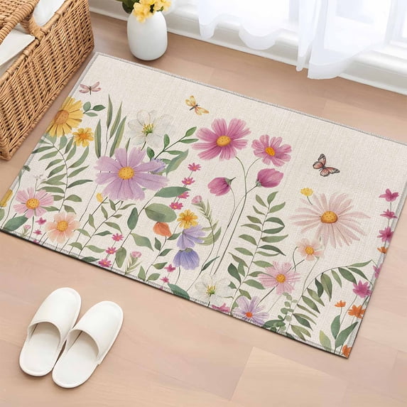 Area Rug Farm Vintage Watercolor Flowers Rectangle Area Rugs Washable ...