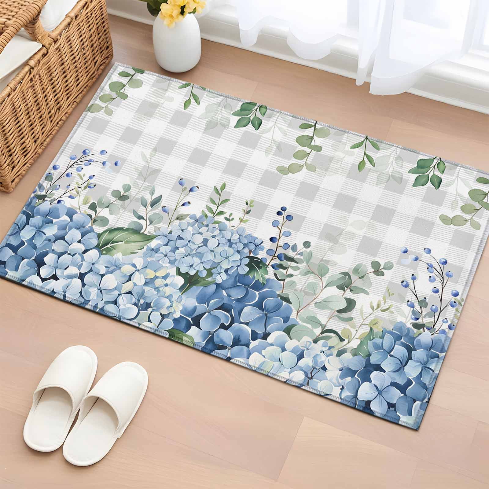 Area Rug Farmhouse Blue Hydrangeas Flower Leaves Rectangle Area Rugs ...