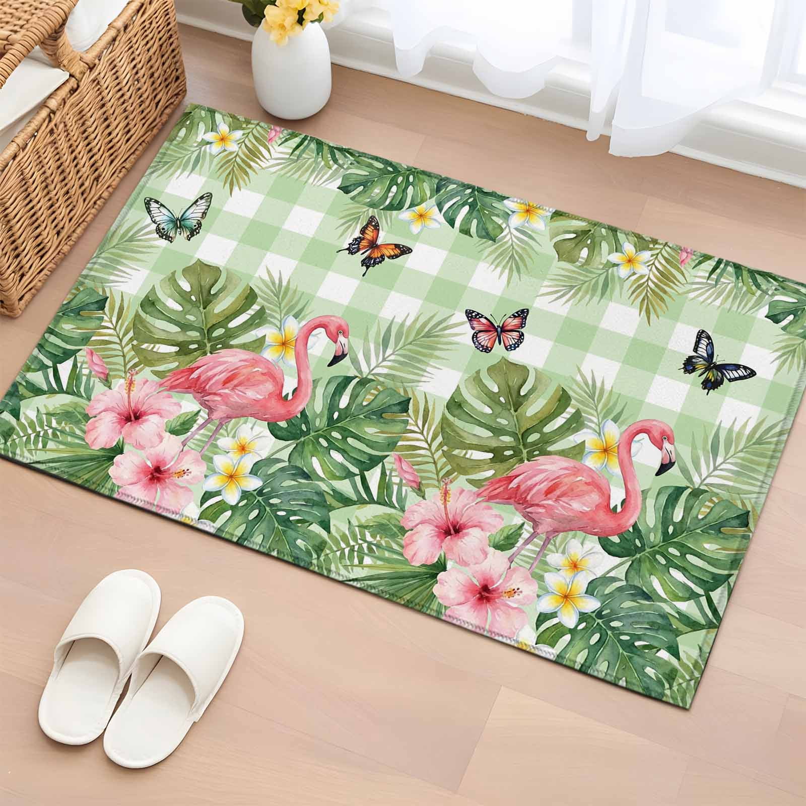 Area Rug Flamingo Flower Leaf Butterfly Rectangle Area Rugs Washable ...