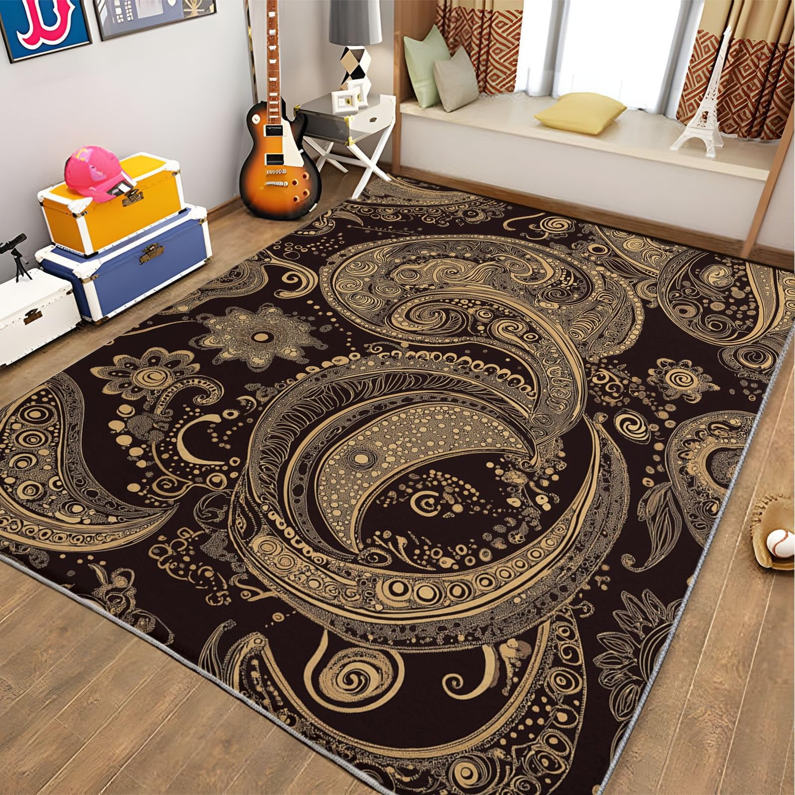 Area Rug For Living Room, Washable Paisley Line Art Pattern Printed Rug ...