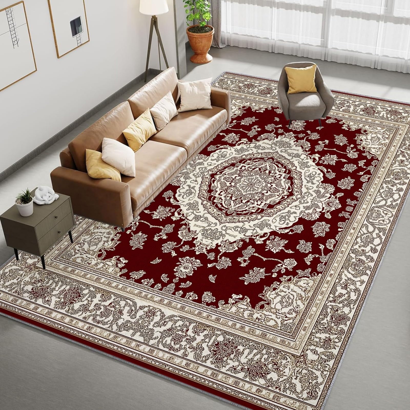 Area Rug For Living Room, Washable Vintage Style Flowers Printed Rug ...