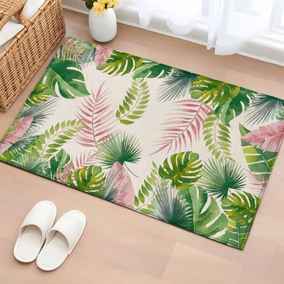 Area Rug Green Pink Tropical Leaves on Burlap Rectangle Area Rugs ...