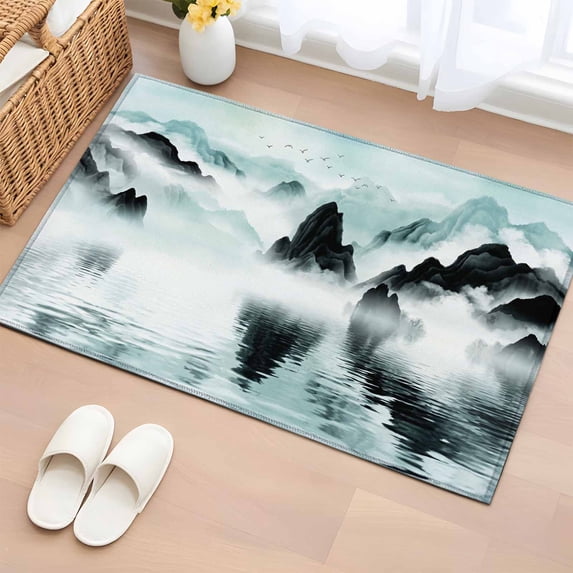 Area Rug Ink Painting Mountains Lake Surface Rectangle Area Rugs ...