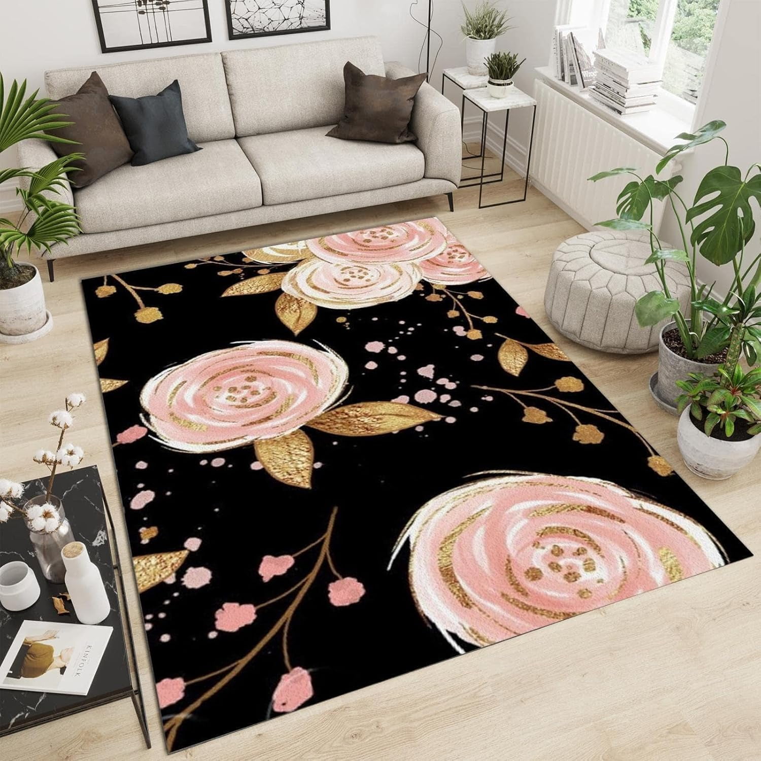 Area Rug Light Luxury Retro Exquisite Pink Rose Flower Black Gold Leaf ...