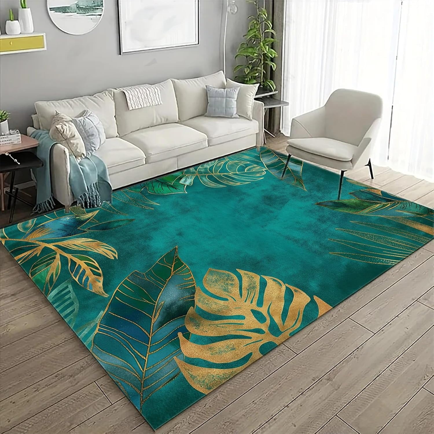Area Rug Living Room 4x8 ft Tropical Jungle Leaves Turquoise Rugs ...