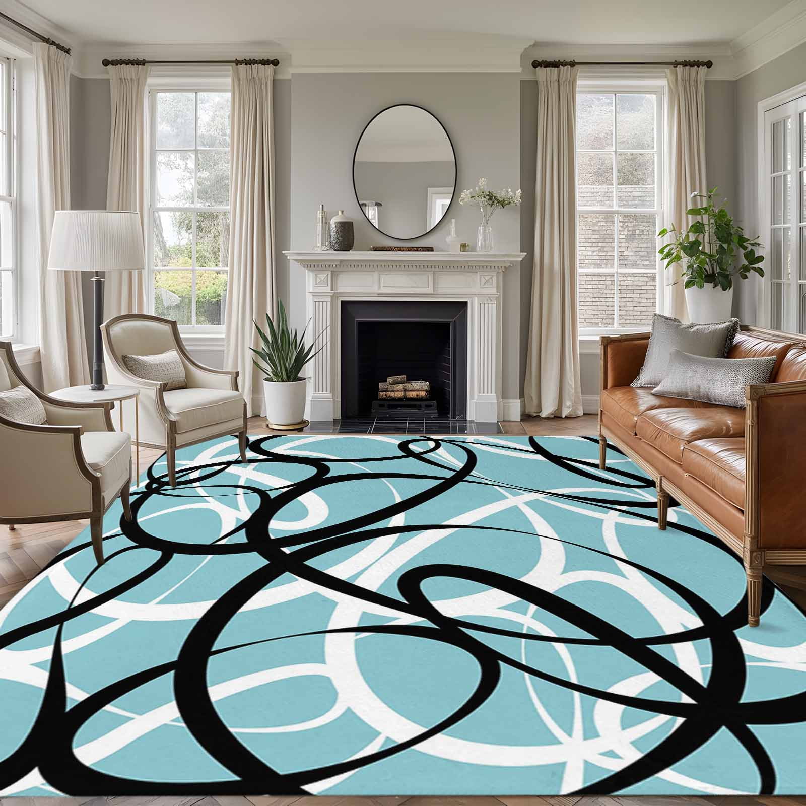 Area Rug for Living Room, Aqua Geometric Non-Slip Indoor Large Carpet ...