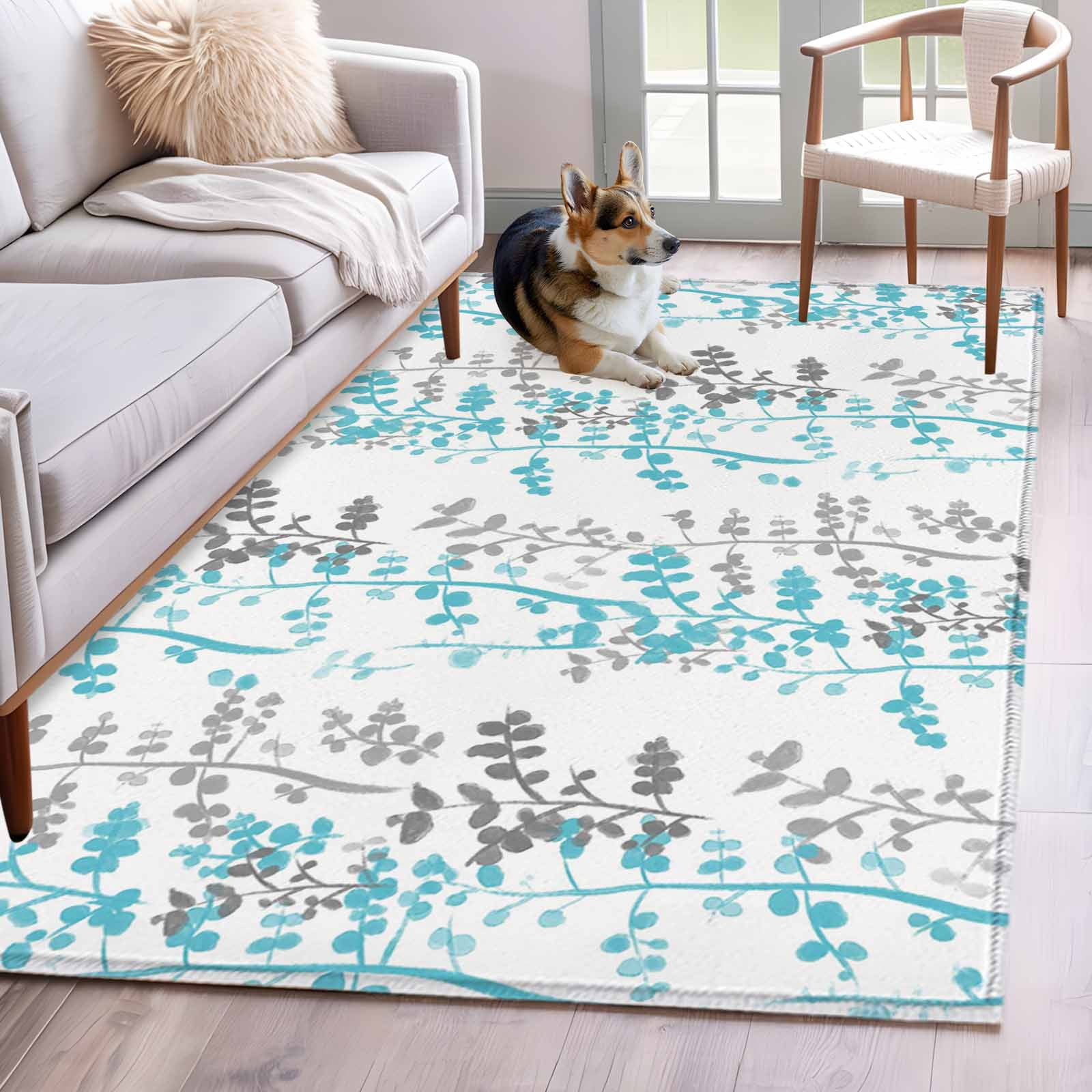 Area Rug for Living Room, Aqua Grey Botanical Non-Slip Indoor Large ...