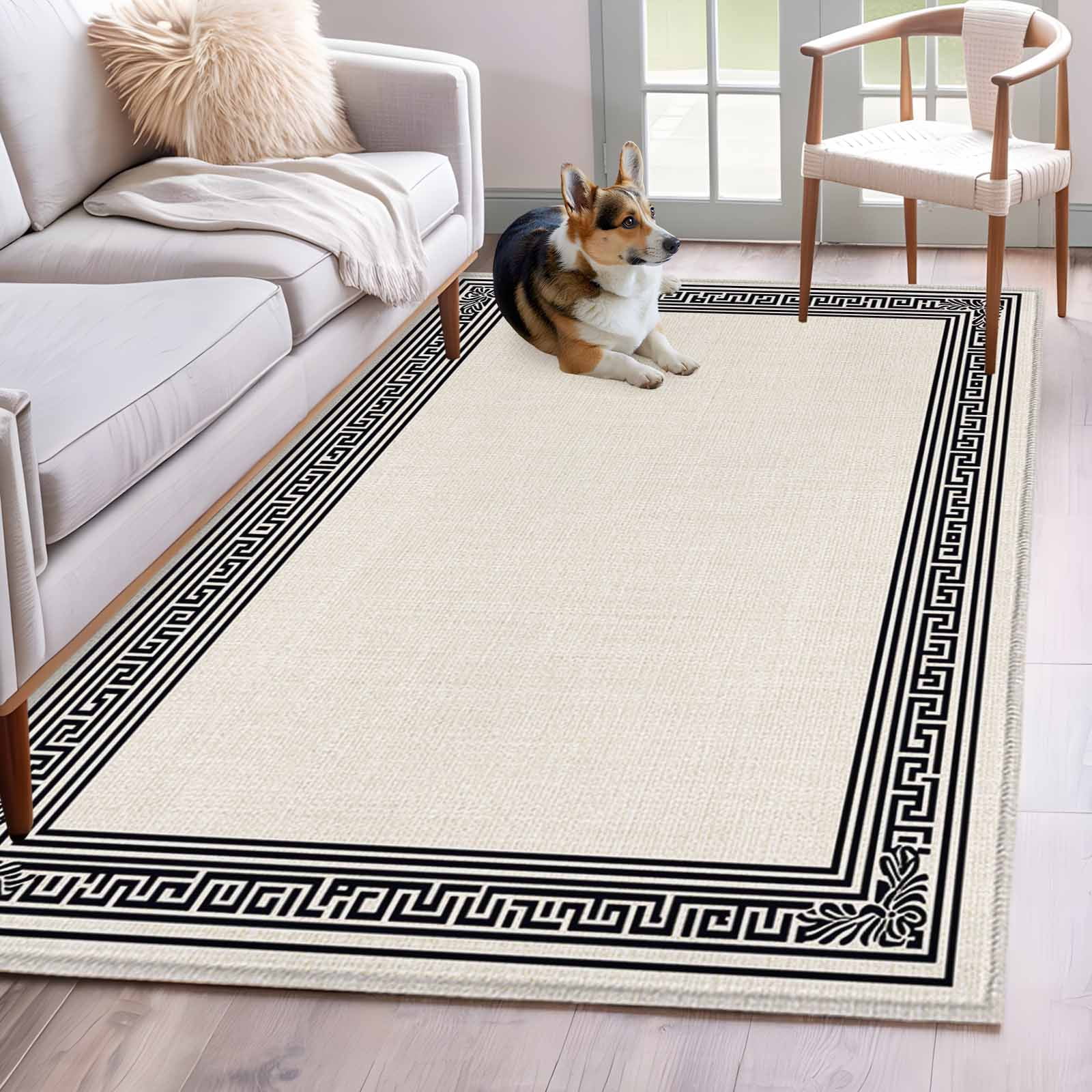 Area Rug for Living Room, Black Cream Greek Key Non-Slip Indoor Large ...