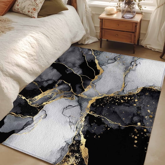 Area Rug for Living Room, Black Grey Marble Non-Slip Indoor Large ...