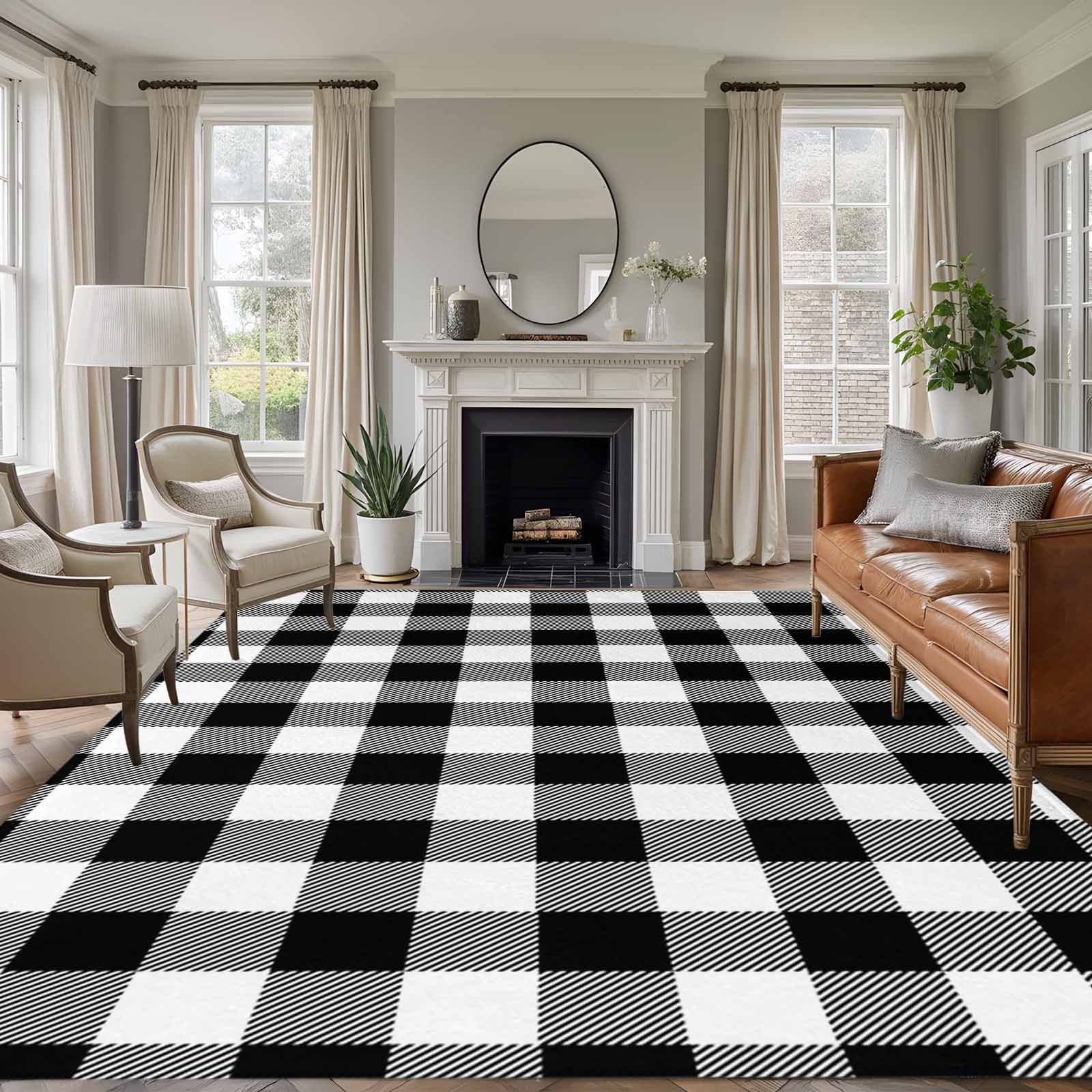 Area Rug for Living Room, Black White Plaid Non-Slip Indoor Large ...
