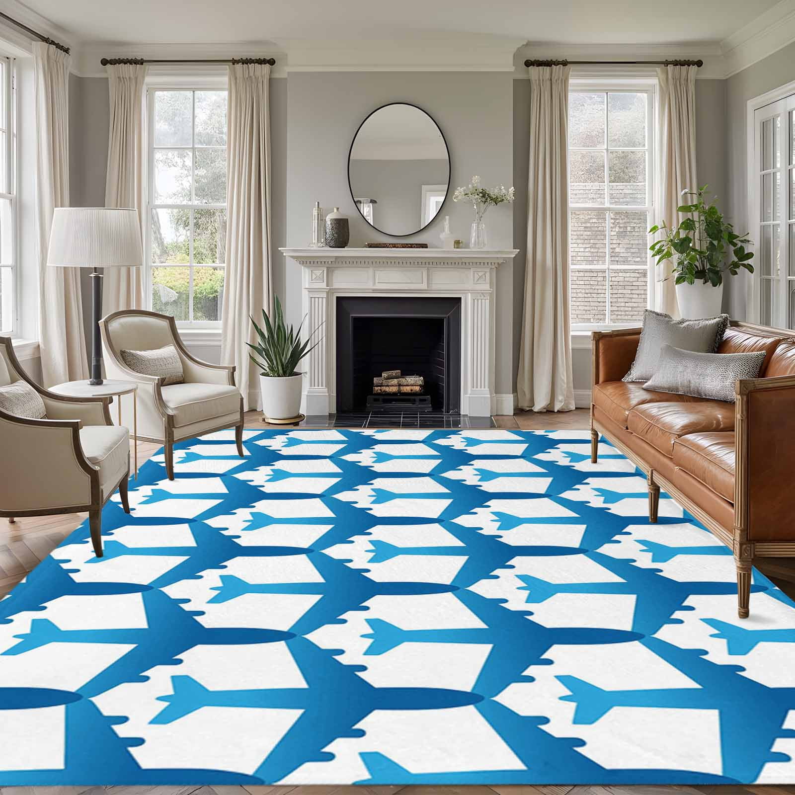 Area Rug for Living Room, Blue Aircraft Non-Slip Indoor Ex Large Carpet ...