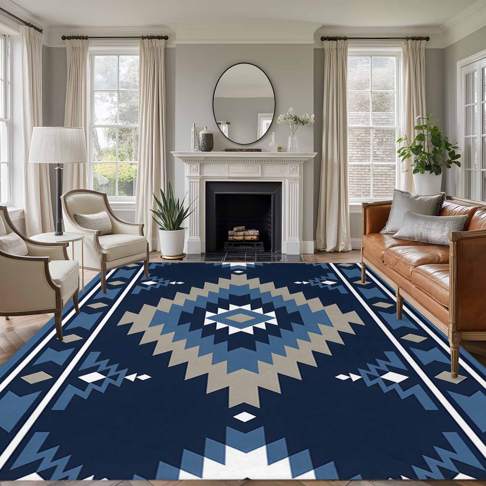 Area Rug for Living Room, Blue Boho Non-Slip Indoor Large Carpet for ...
