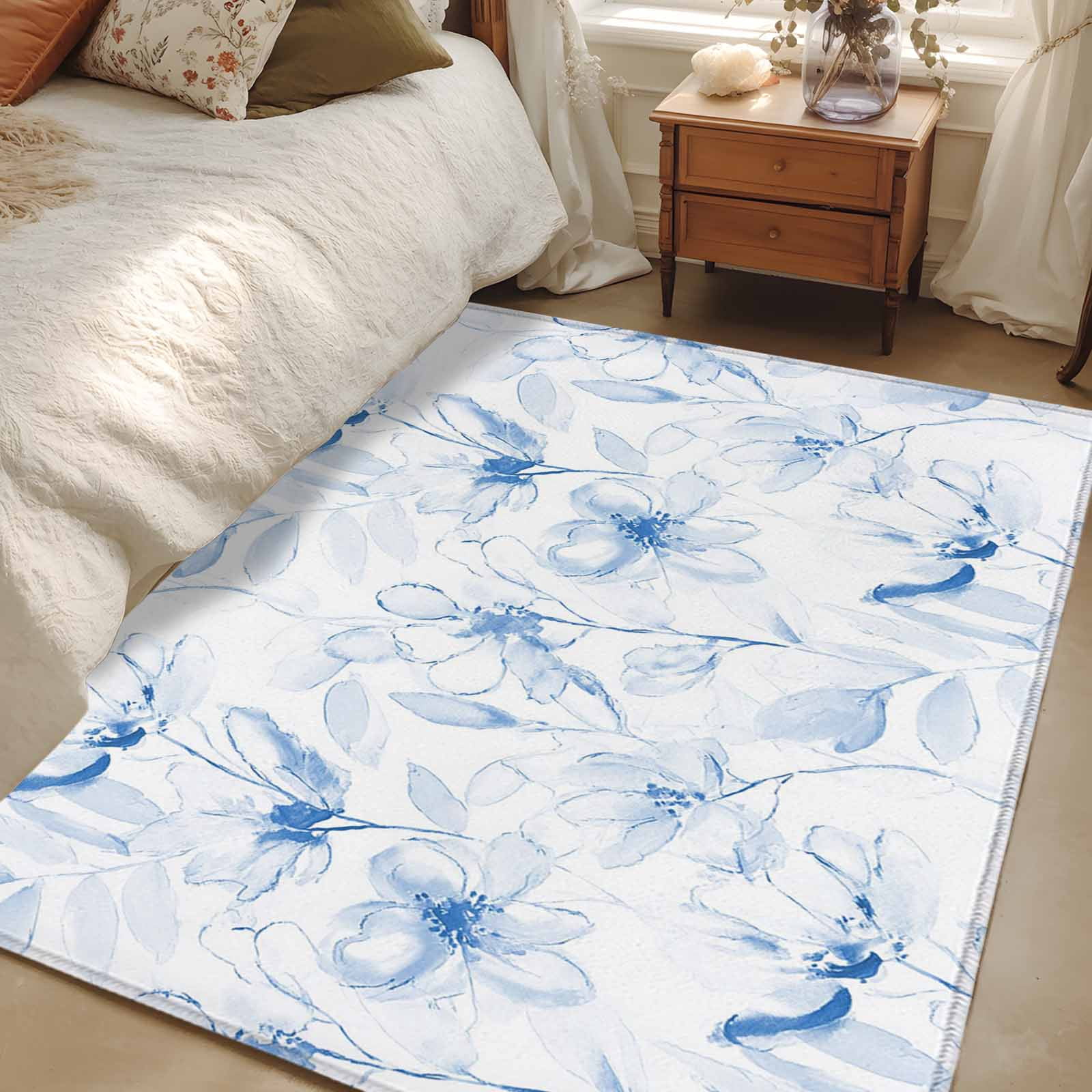 Area Rug for Living Room, Blue Flower Non-Slip Indoor Large Carpet for ...