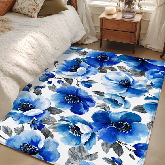 Area Rug for Living Room, Blue Flowers Non-Slip Indoor Large Carpet for ...