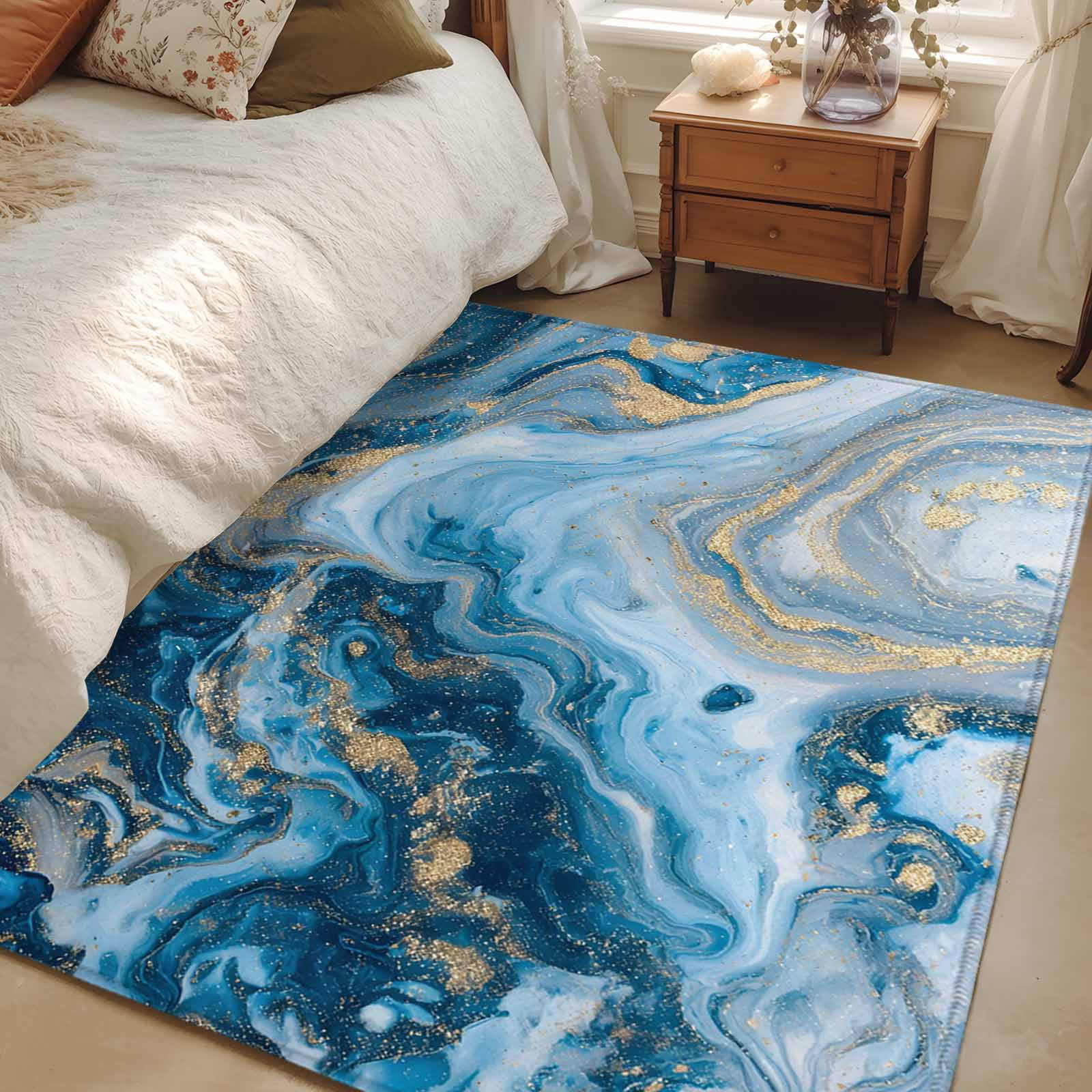 Area Rug for Living Room, Blue Gold Marble Non-Slip Indoor Large Carpet ...