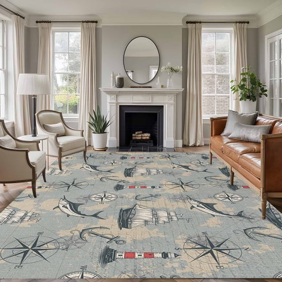 Area Rug for Living Room, Blue Grey Seaports Non-Slip Indoor Large ...
