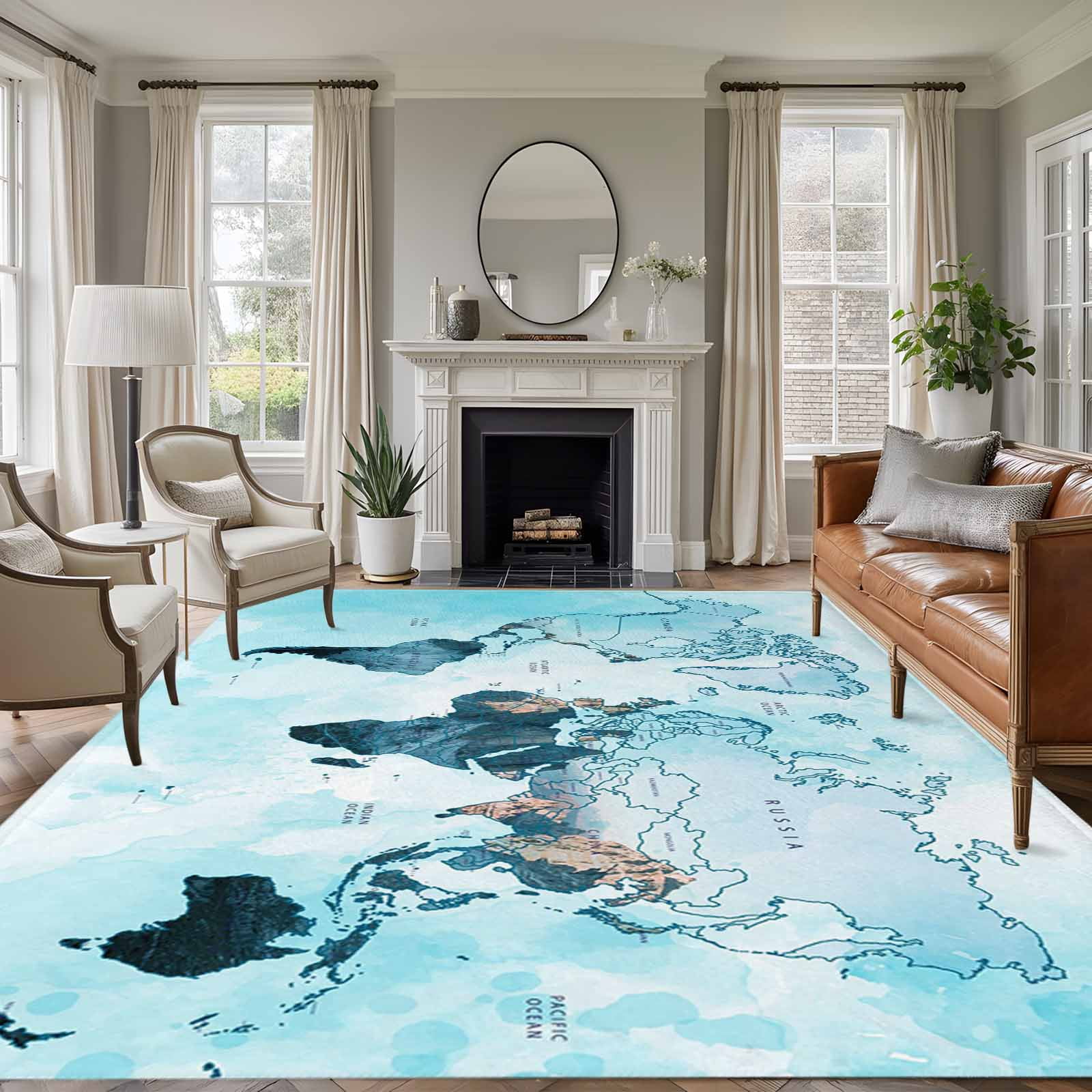 Area Rug for Living Room, Blue Maps Non-Slip Indoor Ex Large Carpet for ...