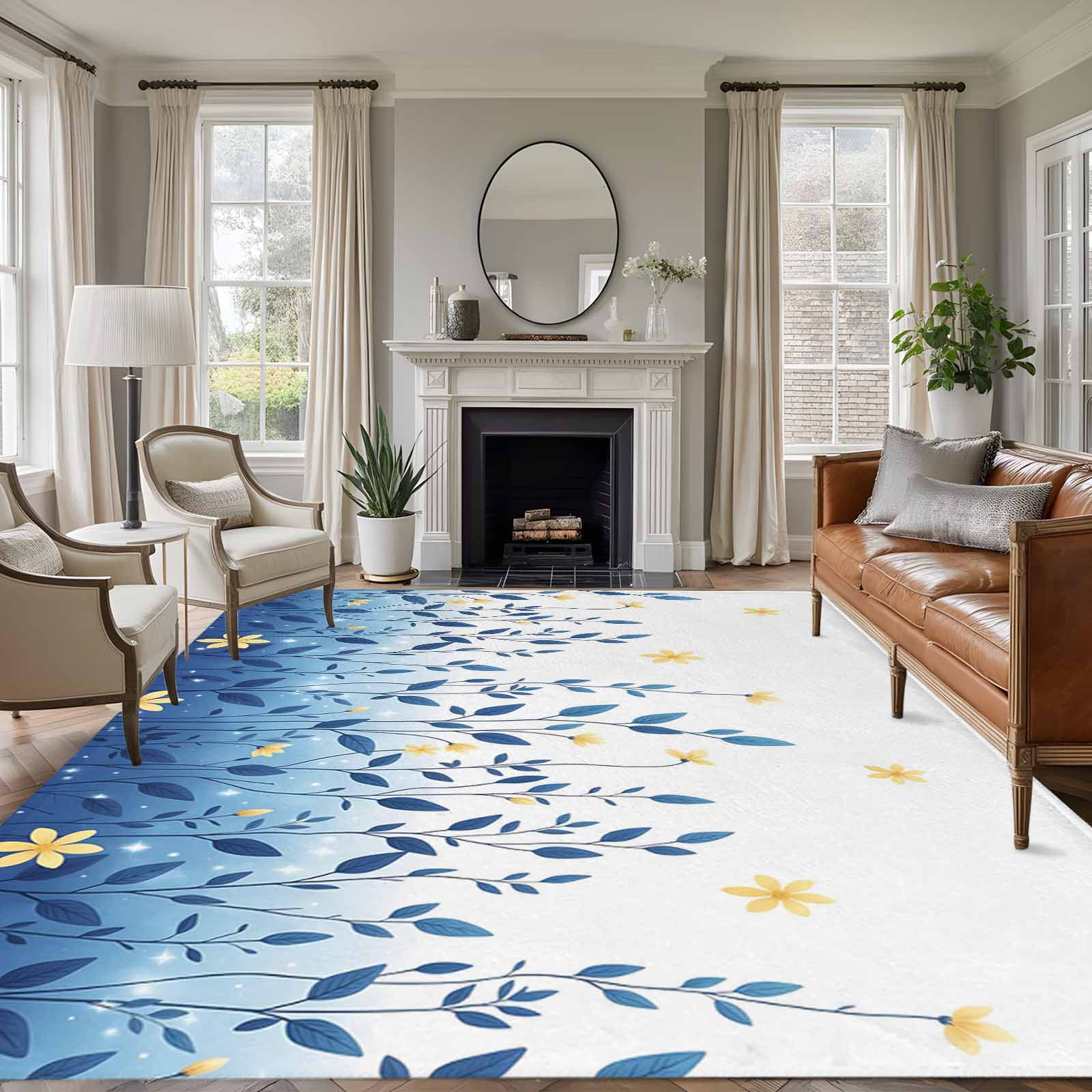 Area Rug for Living Room, Blue Ombre Eucalyptus Non-Slip Indoor Large ...