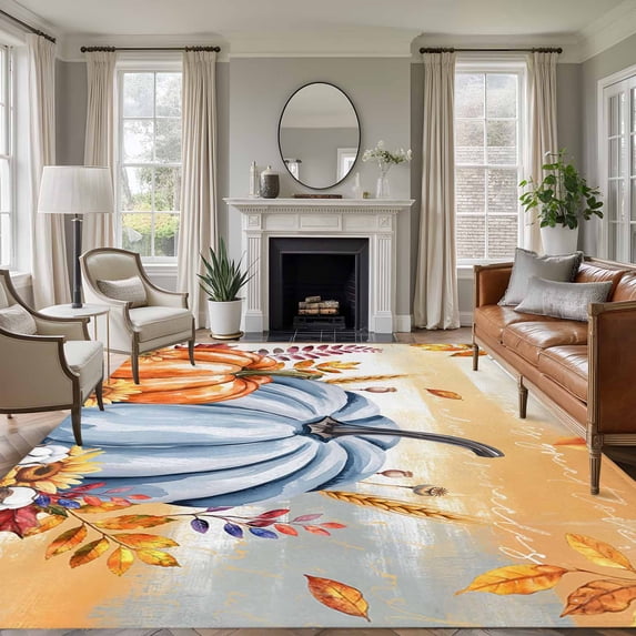 Area Rug for Living Room, Blue Pumpkin Fall Non-Slip Indoor Large ...