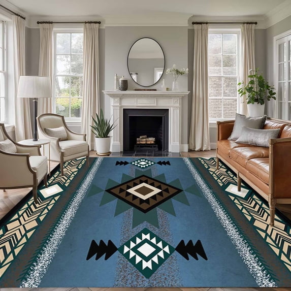 Area Rug for Living Room, Blue Southwest Non-Slip Indoor Large Carpet ...