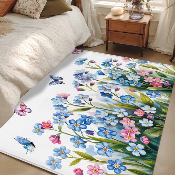 Area Rug for Living Room, Blue Spring Floral Non-Slip Indoor Large ...