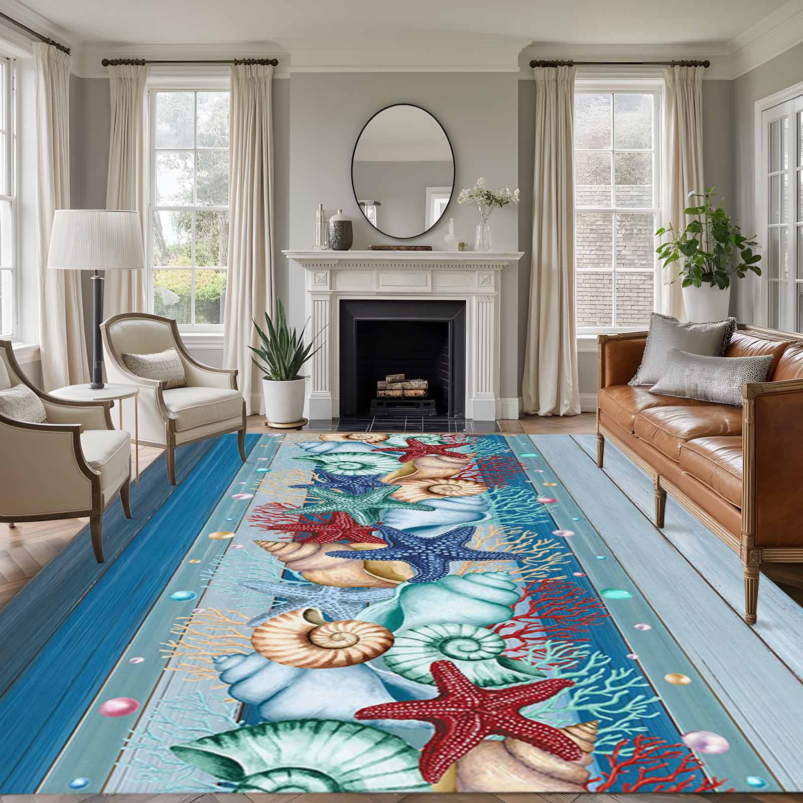 Area Rug for Living Room, Blue Starfish Beach Non-Slip Indoor Large ...
