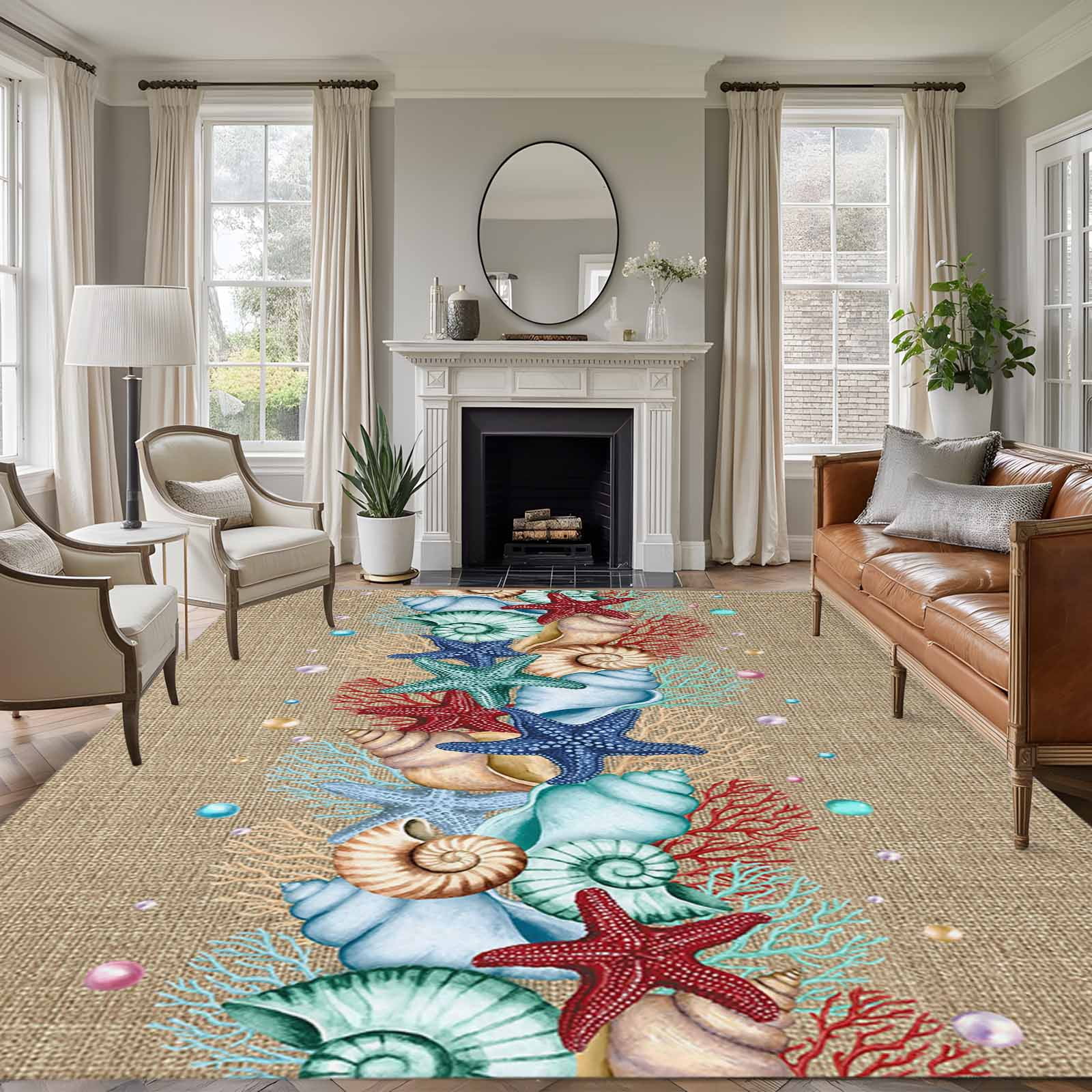 Area Rug for Living Room, Blue Starfish Conch Non-Slip Indoor Large ...