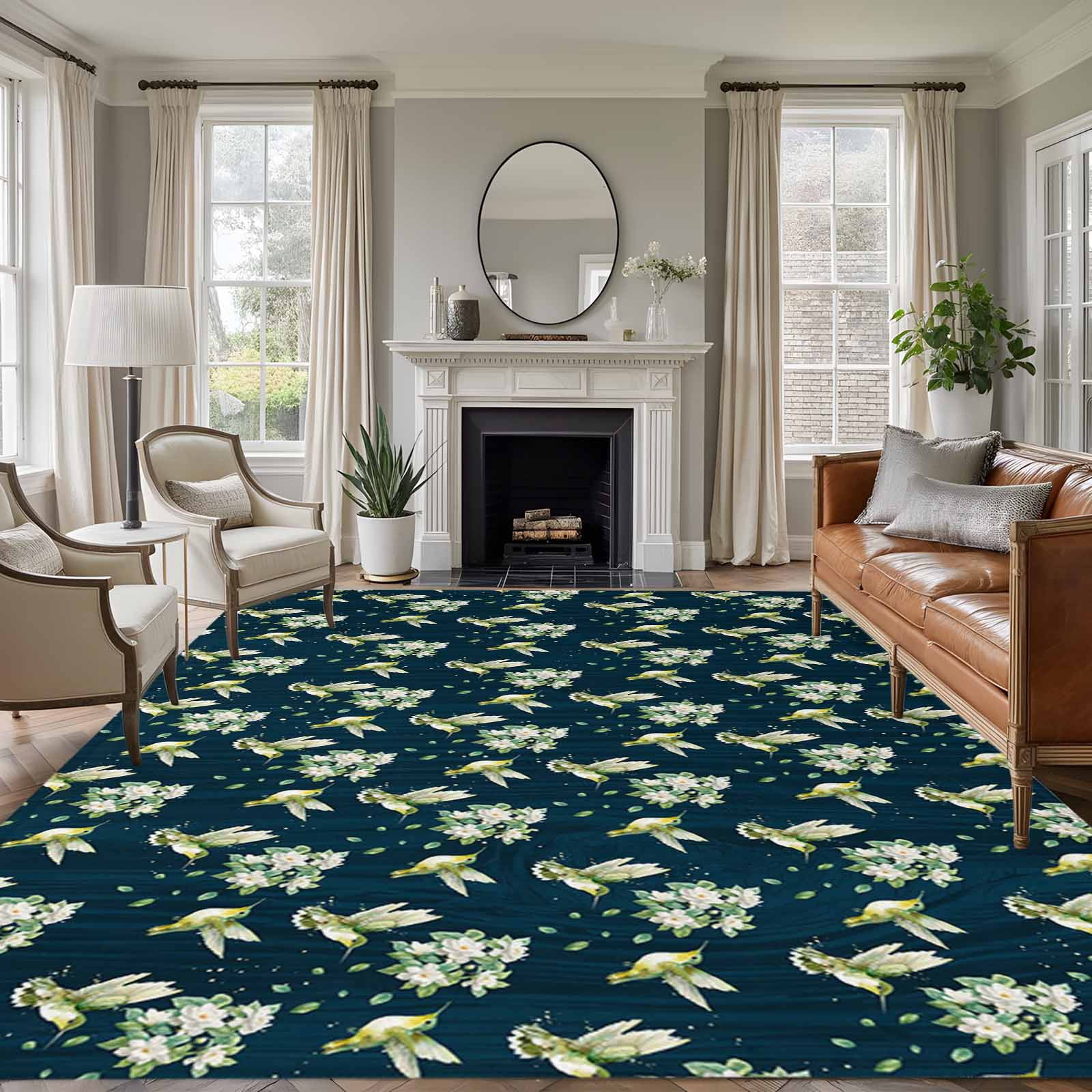 Area Rug for Living Room, Blue Summer Botanical Non-Slip Indoor Large ...