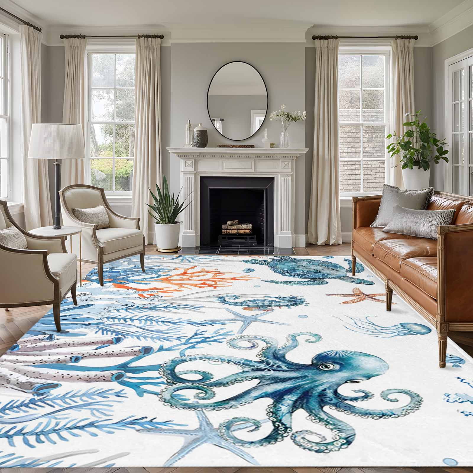 Area Rug for Living Room, Blue Turtle Coastal Non-Slip Indoor Large ...